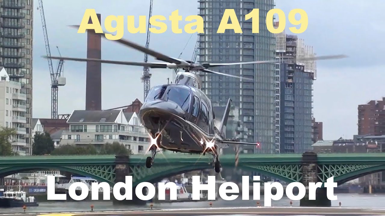 Agusta A109 helicopter landing engine start and takeoff London Heliport ...