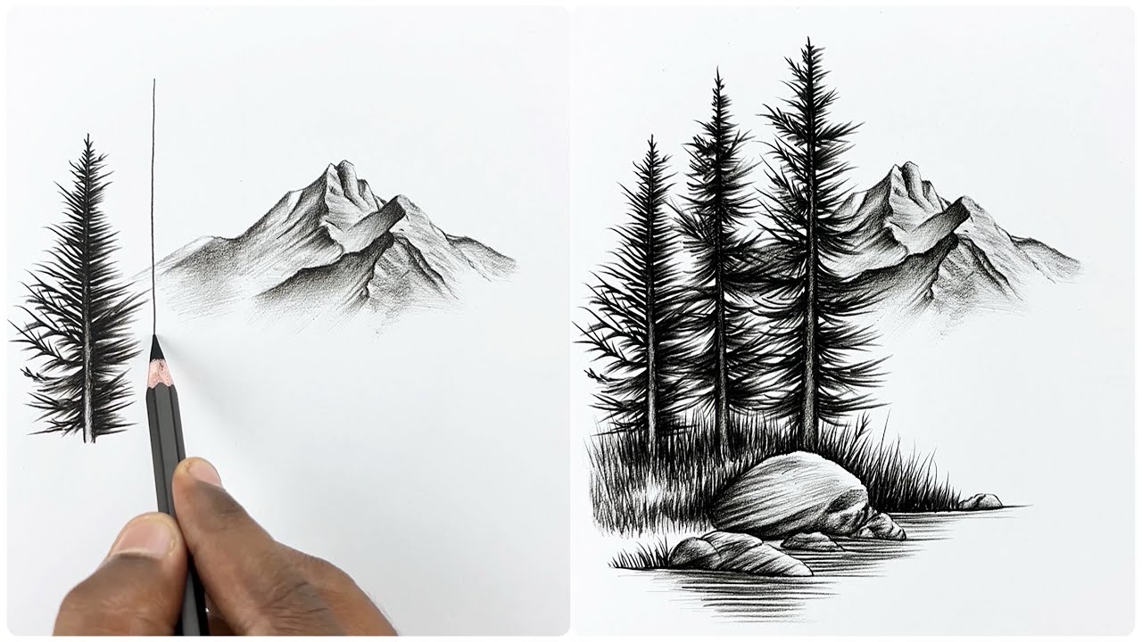 Mountain Lake Landscape Drawing with Charcoal Pencil for Beginners ...