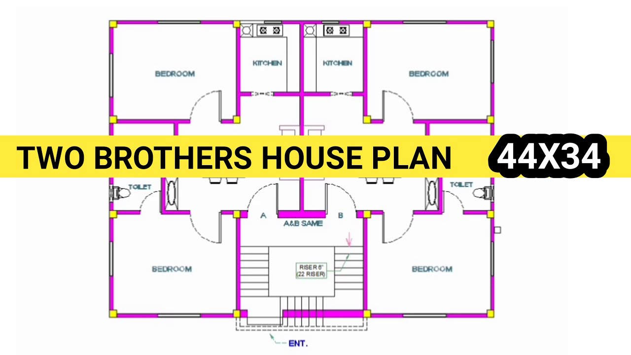 44x34 two brothers house plan | 44x34 two family house design - YouTube