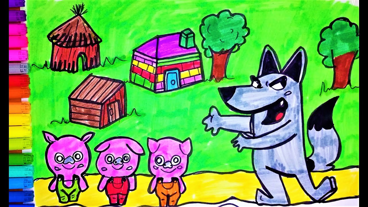 Three Little Pigs story drawing and coloring for kids, Toddlers | How ...
