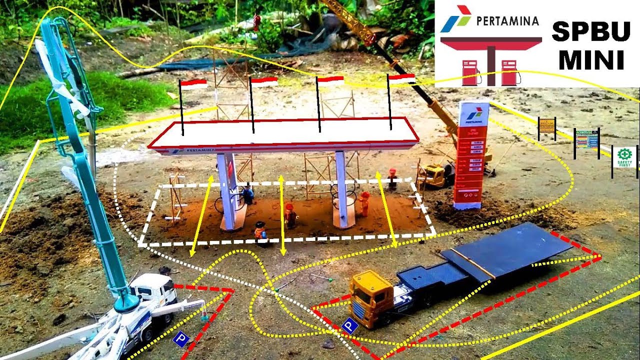 SIMULASI - MEMBANGUN SPBU PERTAMINA - TRUK CONCRETE PUMP - MIXER BETON ...