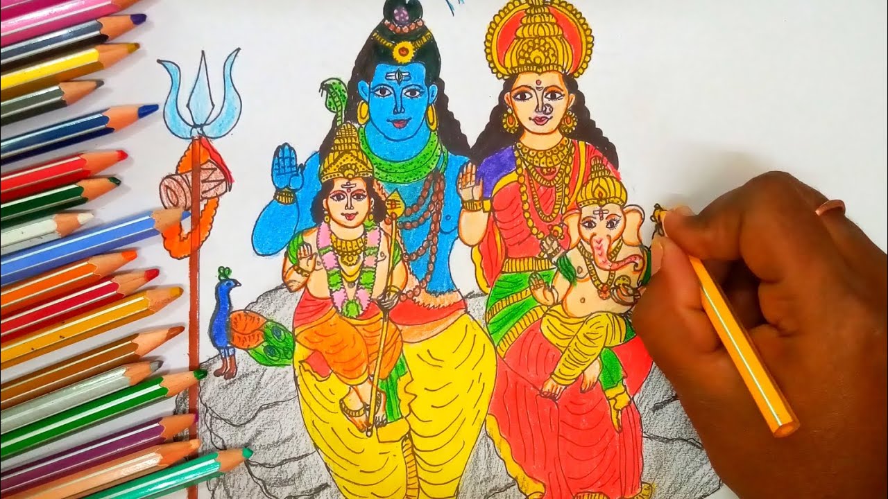 Beautiful painting of Lord Shiva and Maa Parvati and Kartikeya And ...