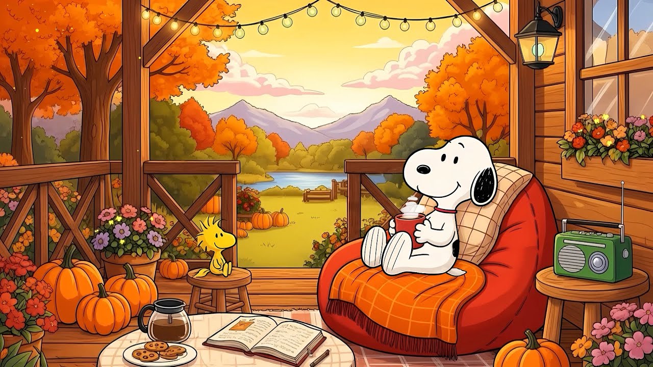 Snoopy’s Autumn Porch Sunset 🍂 Calm Lofi Music to Relax & Focus ☕ ...