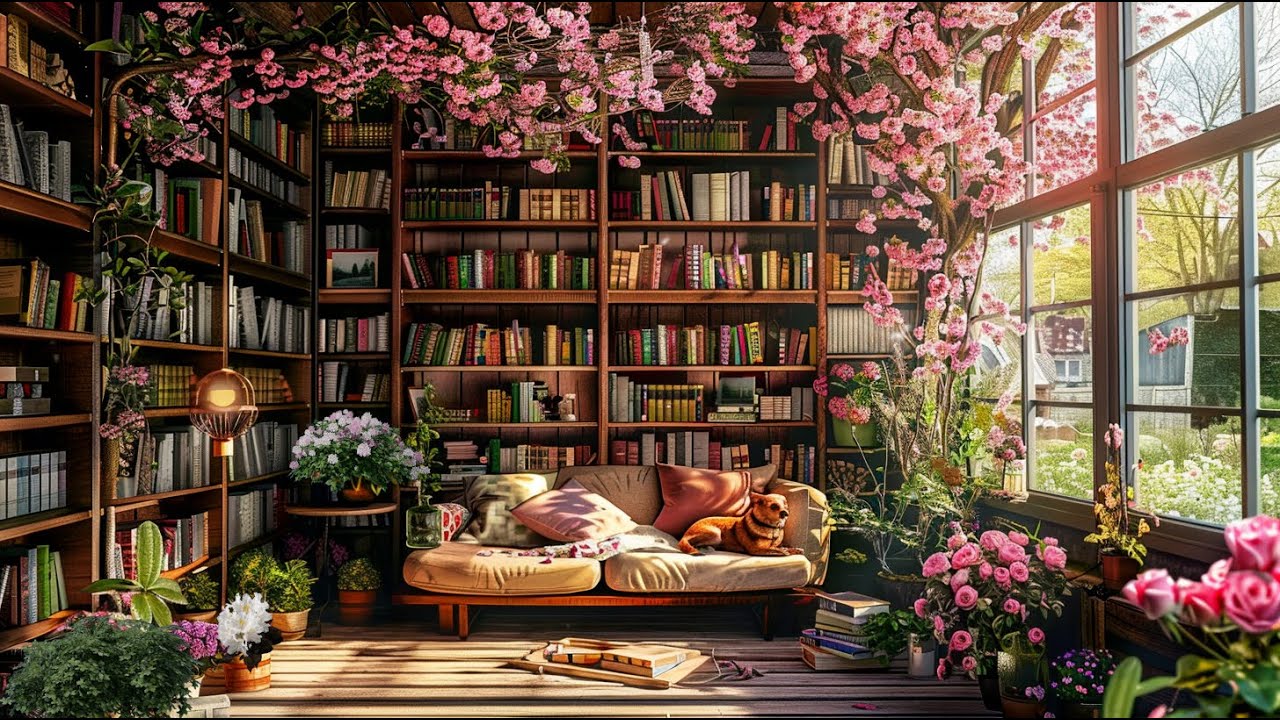 Magical Spring Library Ambience | Cherry Blossom Sounds for Relaxation ...