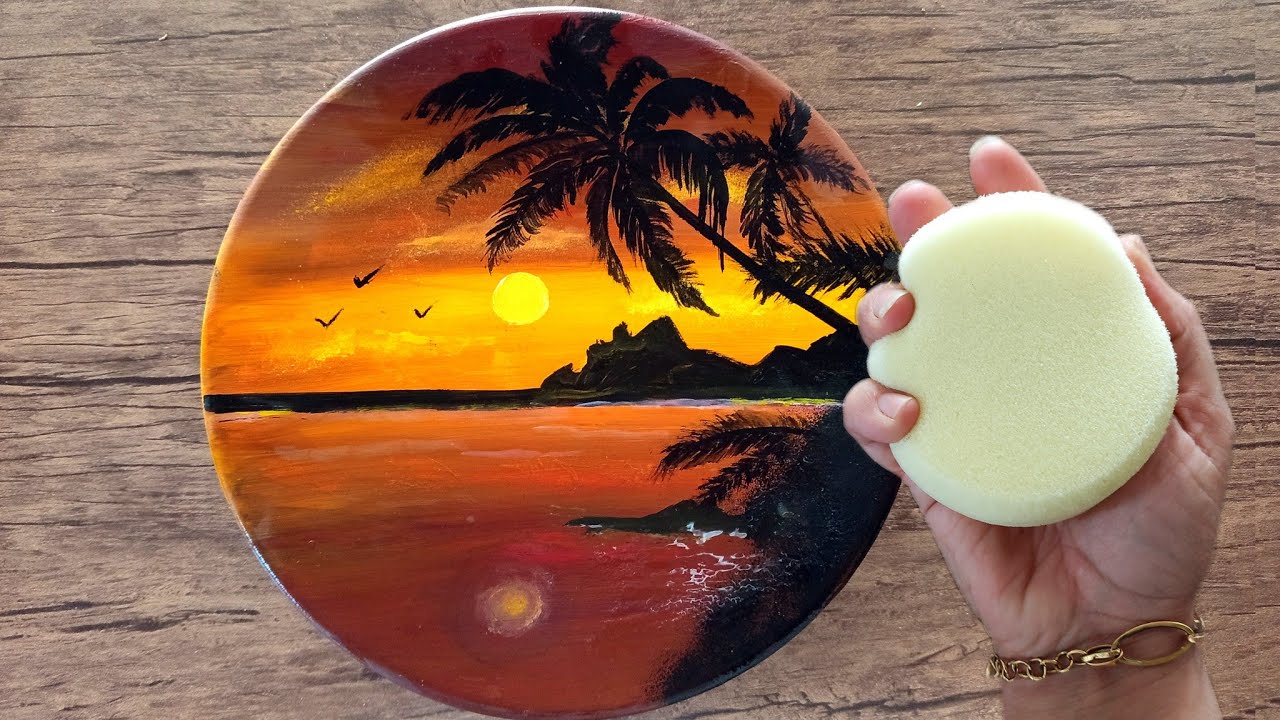 How to Draw a Sunset Lake / Sponge Painting Technique for Beginners ...