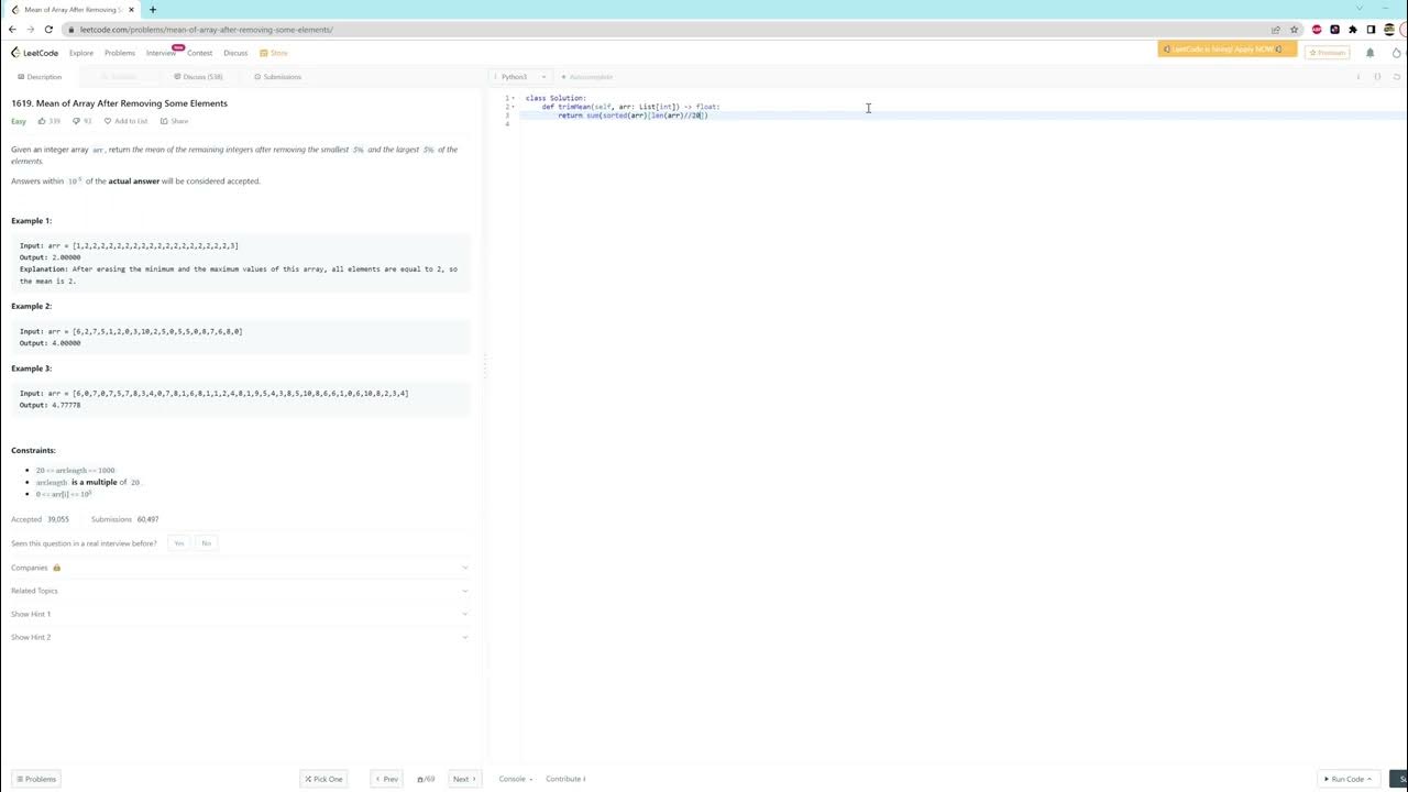 1619. Mean of Array After Removing Some Elements - Python - 1 Line - YouTube