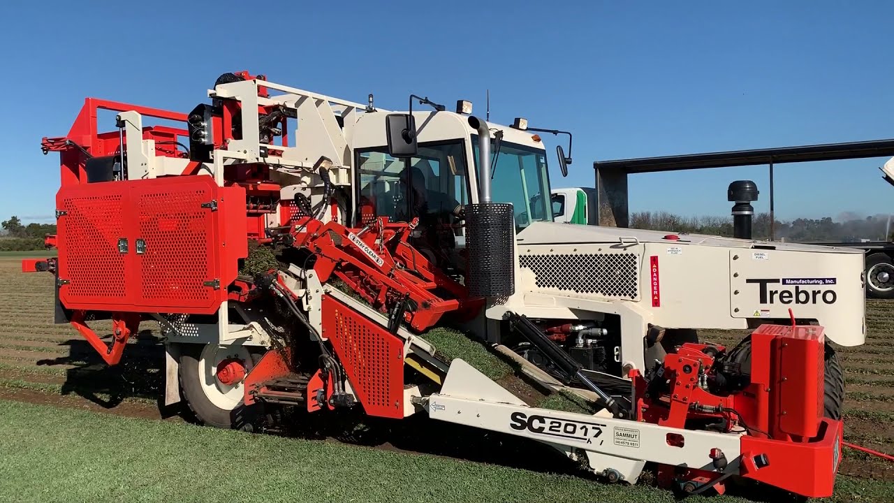 TREBRO AUTOMATIC STACKER CUTTING TURF AT GRECH'S TURF SUPPLIES - YouTube