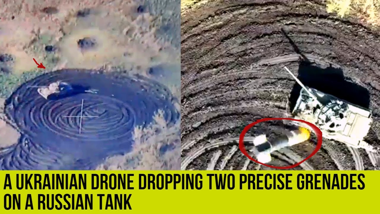 A Ukrainian drone dropping two precise grenades on a Russian tank ...