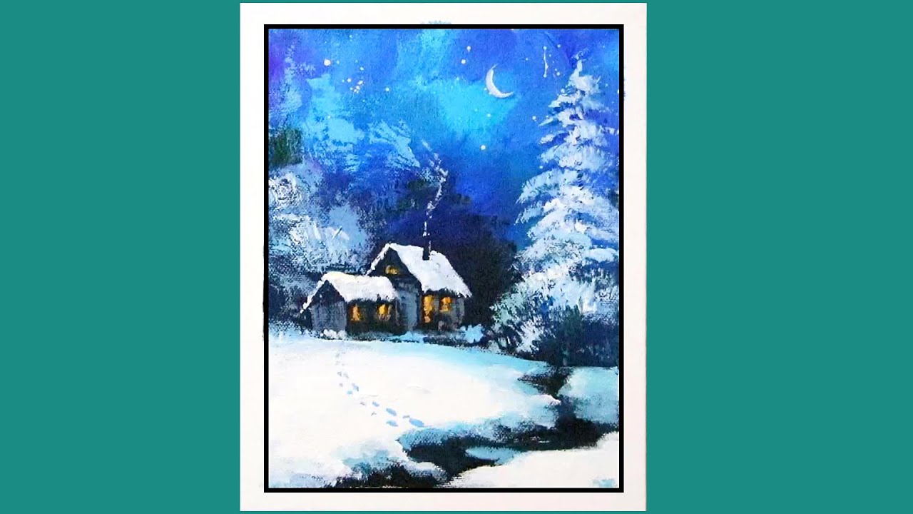 How To Draw A Moonlit Snow Scene | Cozy Home in the Snowy Forest | How ...