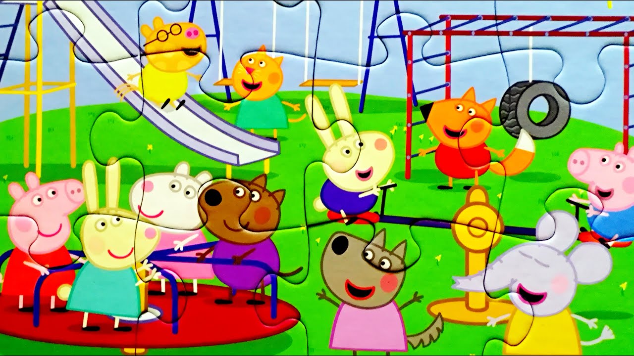 Peppa pig with friends on the playground.|Let's put the puzzle together ...