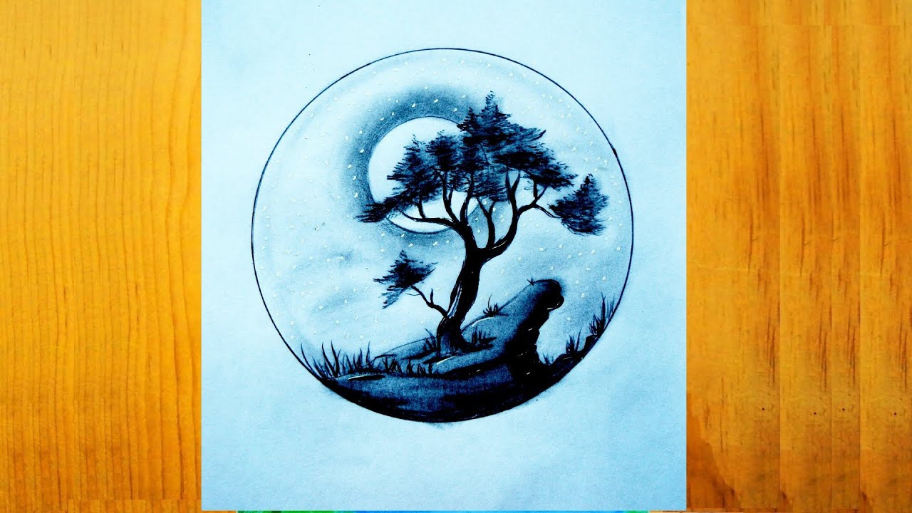 How to Draw Moonlight Scenery in few steps | How to draw scenery step ...