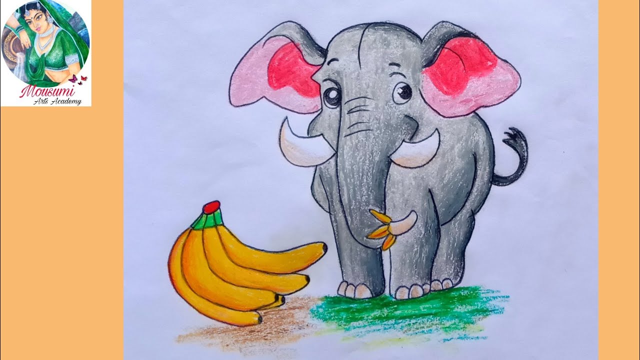 How to draw Elephant eating Banana's//with oil pastel colour//easy ...