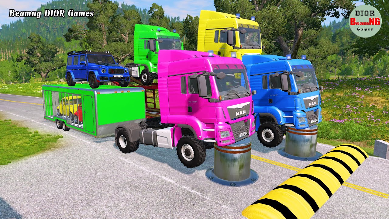 Double Flatbed Trailer Truck vs speed bumps|Busses vs speed bumps ...