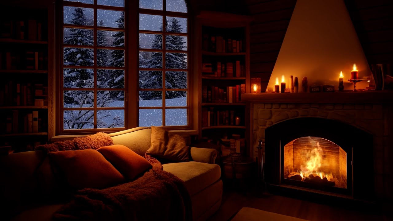 Cozy Winter Nook Ambience with Snowstorm and Crackling Fire Sounds for ...