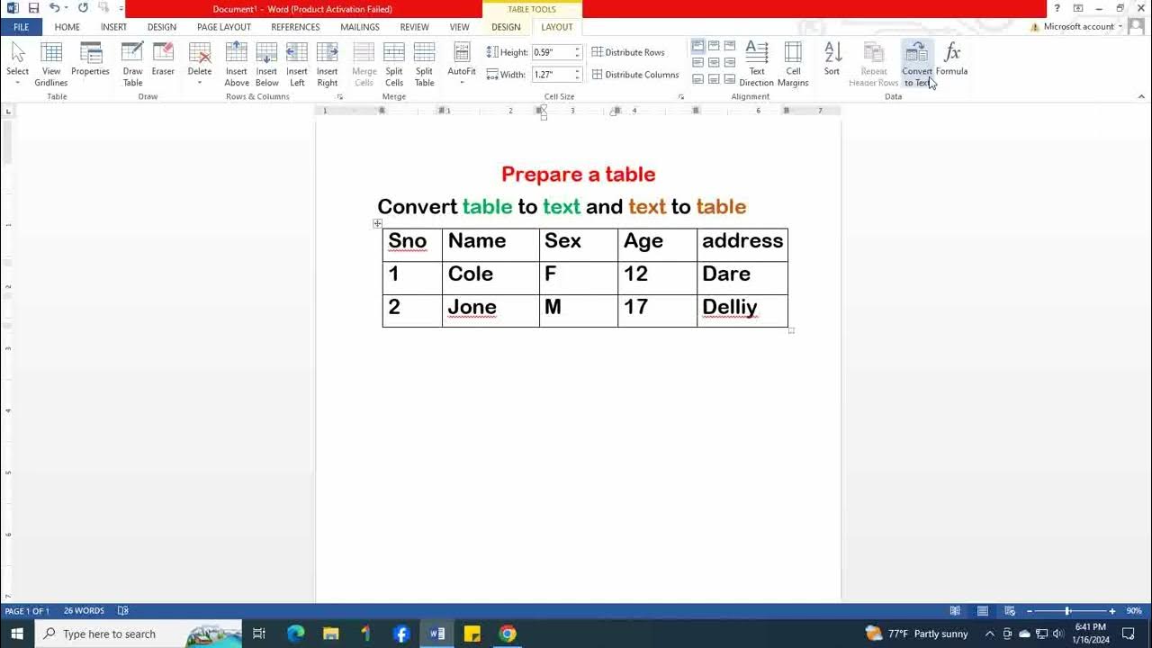 Microsoft Word | Prepare a tableConvert table to text and text to table - YouTube