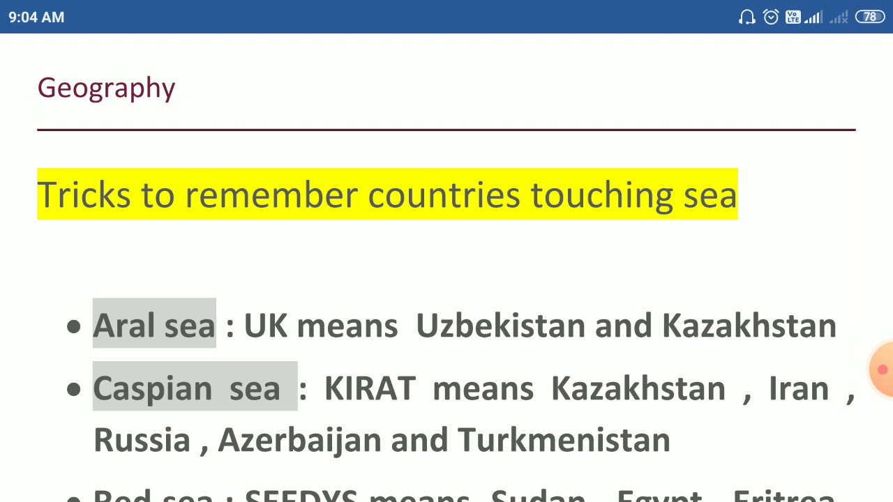Trick to remember Countries touching Aral sea, red sea, Caspian sea,etc ...