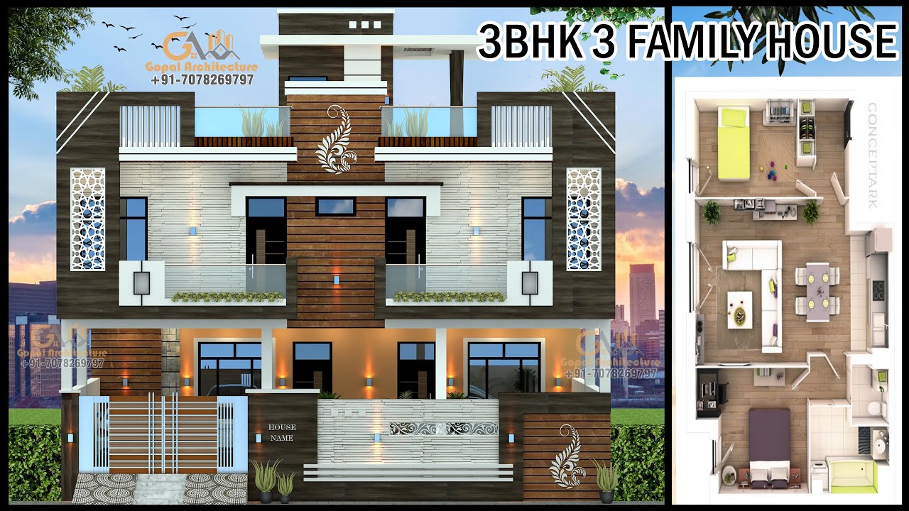 40'-0"x60'-0" Three Family House Design | 3BHK Flat Design On Every ...