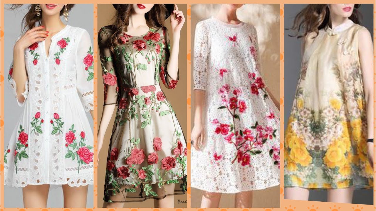 Outstanding stylish flowers embroidered tishu A line knee length dress ...