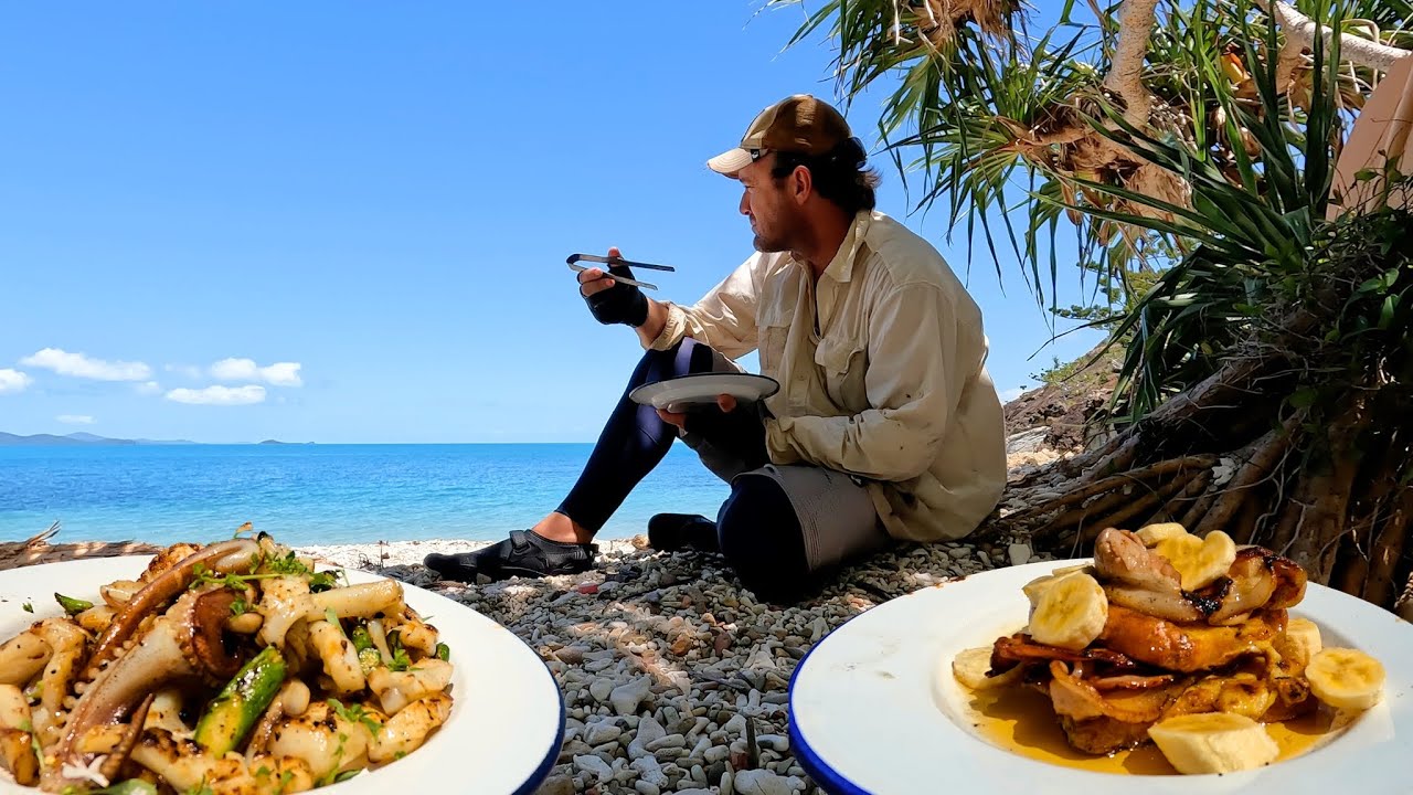 Tropical Island Kayak Camping Alone - Grilled Fish & Pan fried Squid ...
