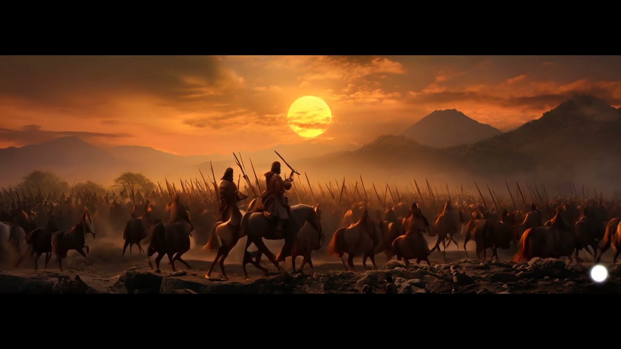 Ai Video of soldiers riding into the sunset after a war with a scenic ...
