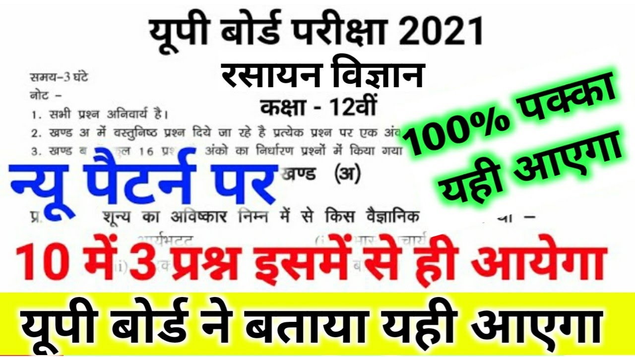New Pattern Class 12th Chemistry model paper 2021 Up board । Up board ...