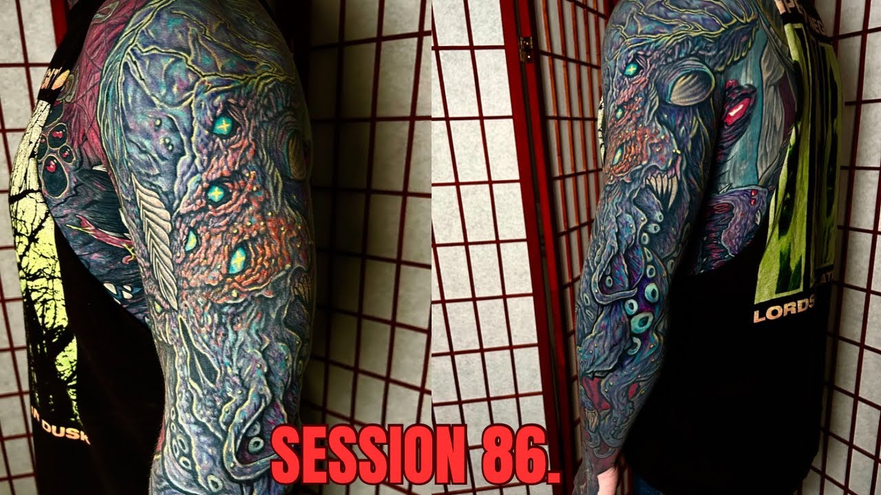 Session 86 Color on Black Cthulhu sleeve #ink #inked #tattoo - YouTube