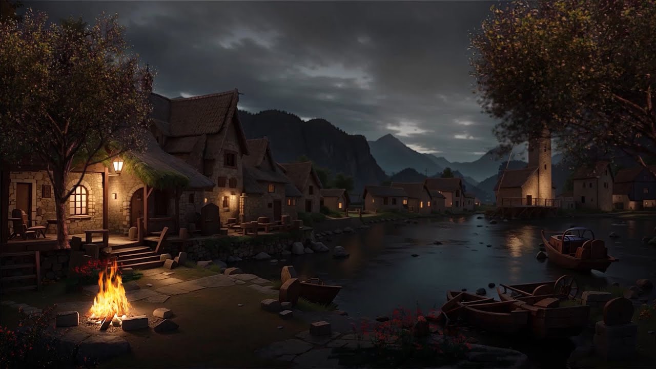 🔴 Medieval Village Night Ambience | Crackling Fire, Crickets, Owl ...