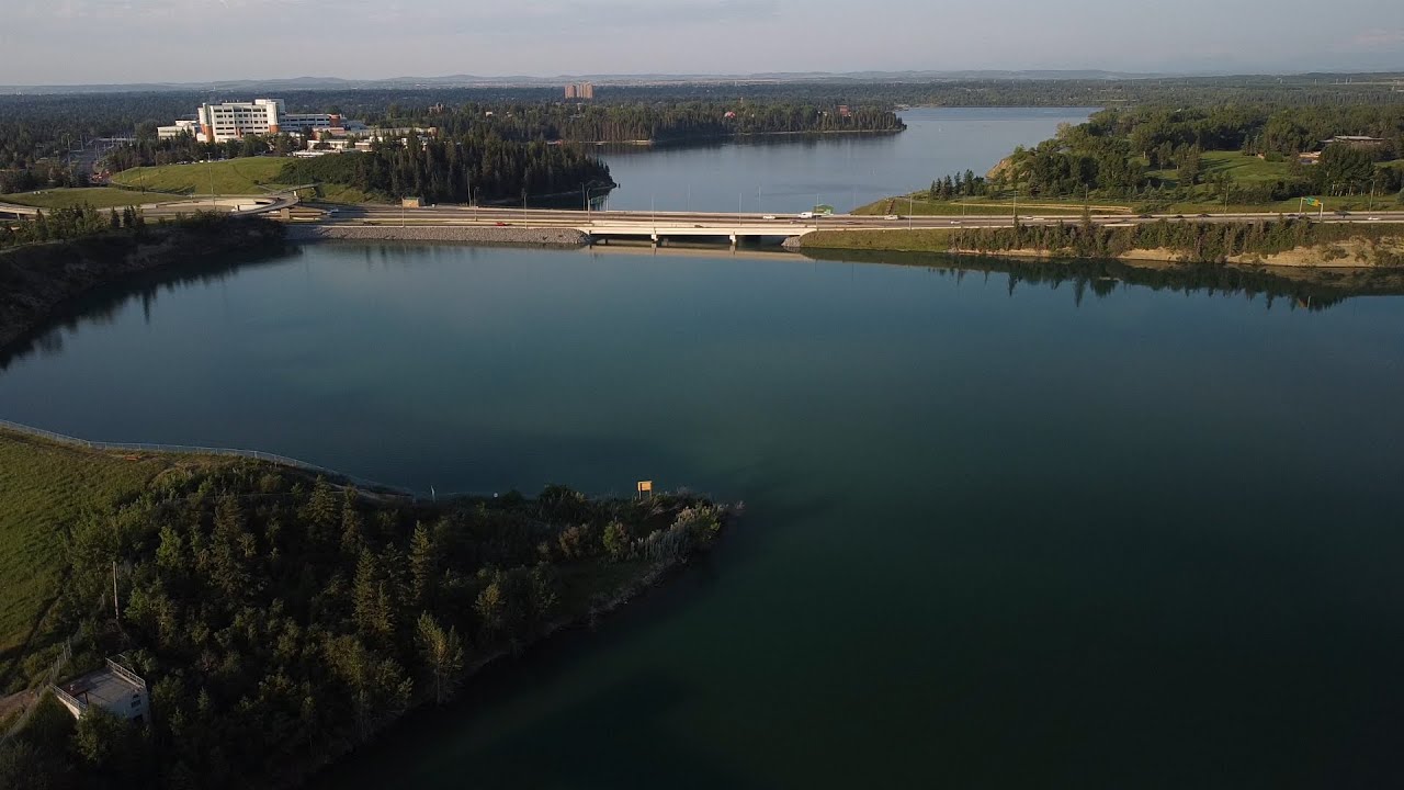 Aerial Calgary over the Glenmore Reservoir. Edvard Grieg - Peer Gynt ...