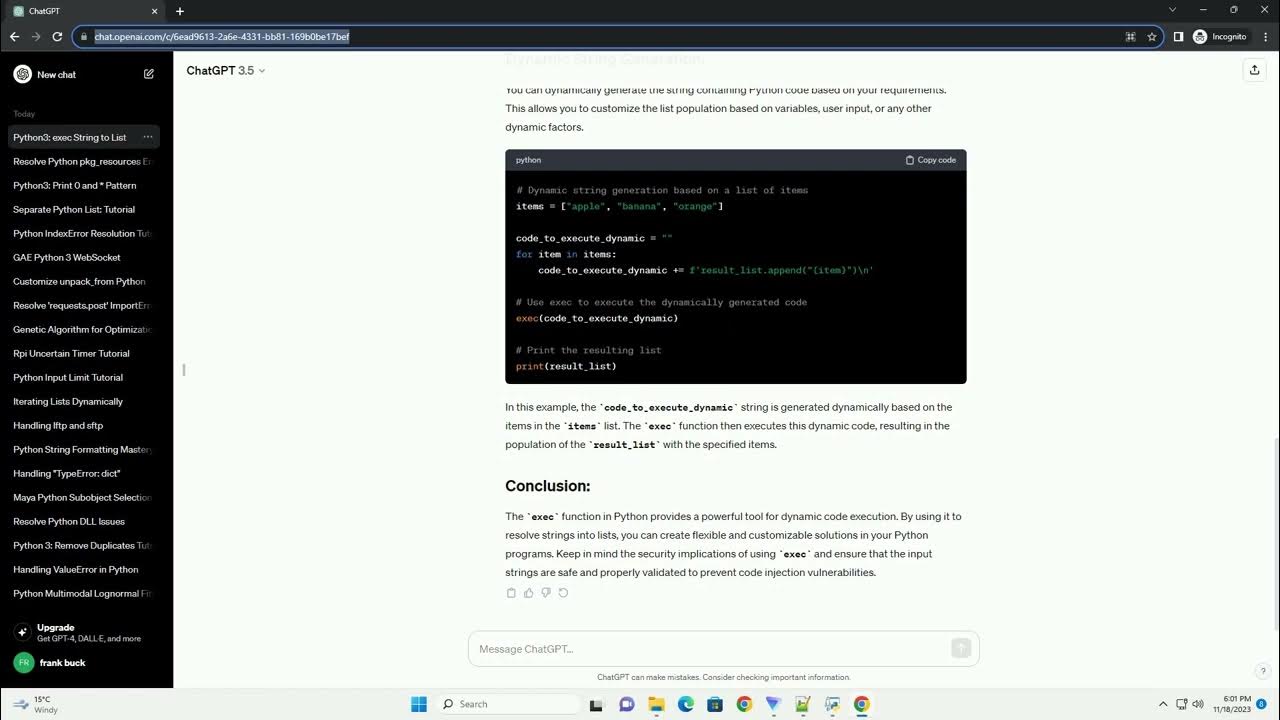 Python 3 I d like my exec function to resolve to a string in a list - YouTube
