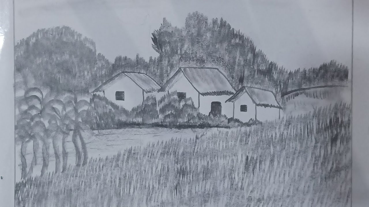 How to drawing a village scenery || Pencil sketch village scenery ...