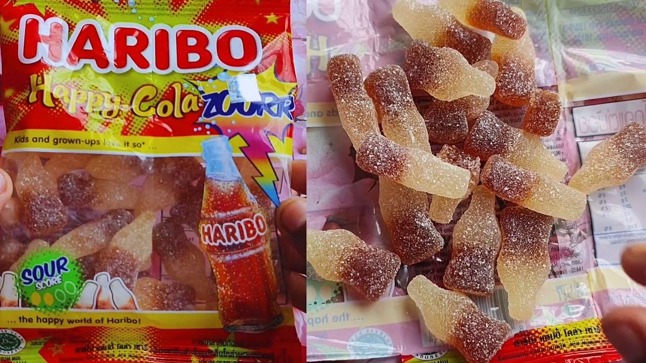 Haribo Happy Cola Sour Gummy Candy || Happy Fizz Cheers! - YouTube
