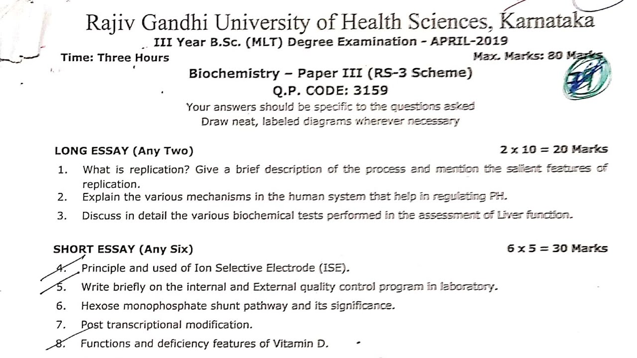 BIOCHEMISTRY BSC MLT 3RD YEAR RS-3 RGUHS QUESTION PAPER 📄 APRIL-2019 ...