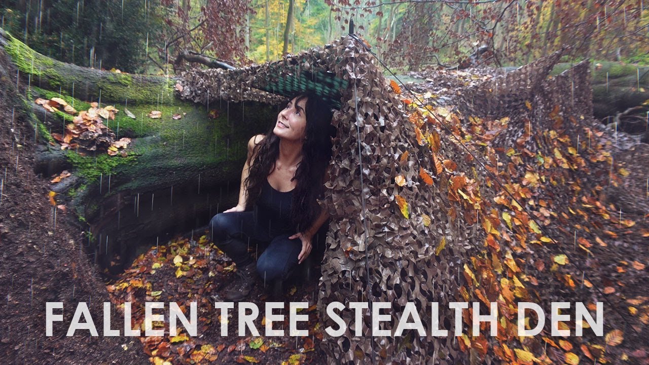 Sleeping in Den Built Against Fallen Tree 🍂 Rainy Stealth Camping in ...