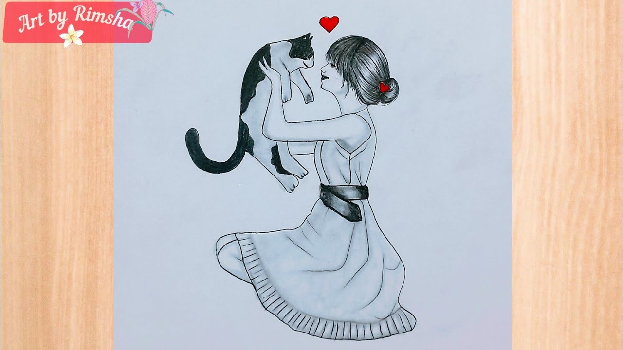 How to draw a cute girl with cat🥰 ||girl holding cat||easy sketch ...