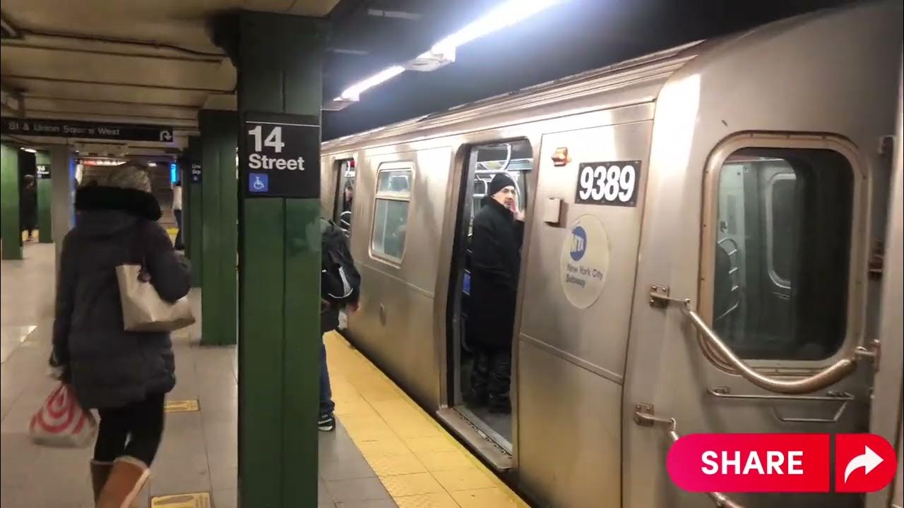 Two R46 (N), two R46 (Q), and one R160A/B (R) trains at 14th Street-Union Square - YouTube