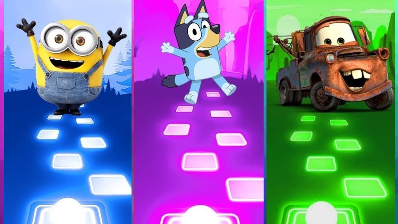 👀Minions 🆚 Bluey 🆚 Cars 3 Mater in Tiles Hop EDM Rush - YouTube