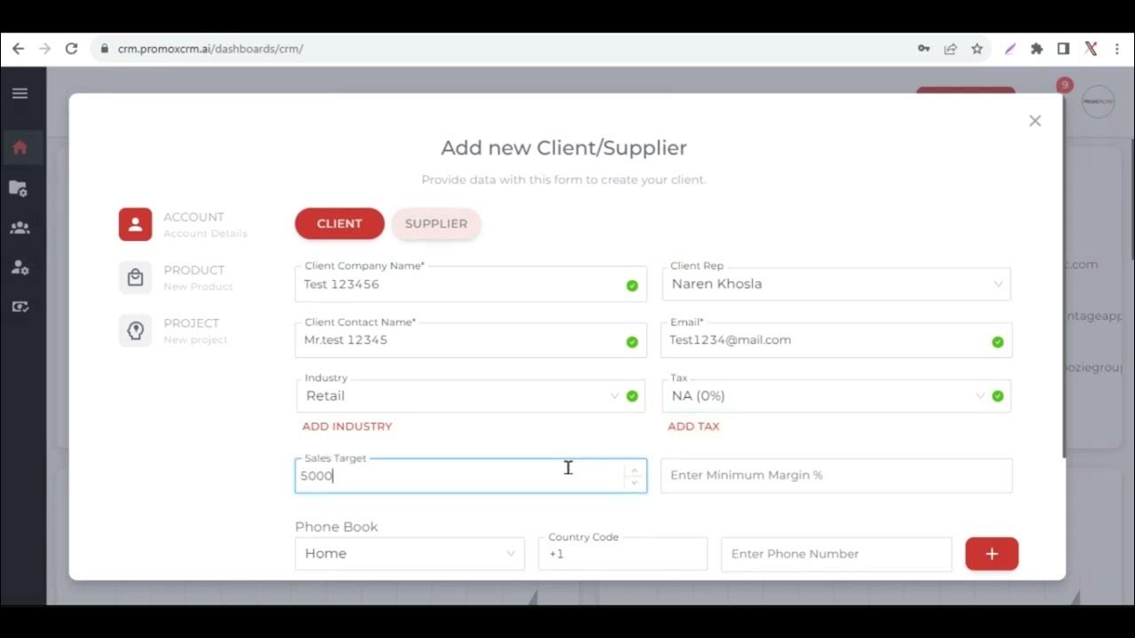 How to add a client using Add client button while creating project in PromoXcrm - YouTube