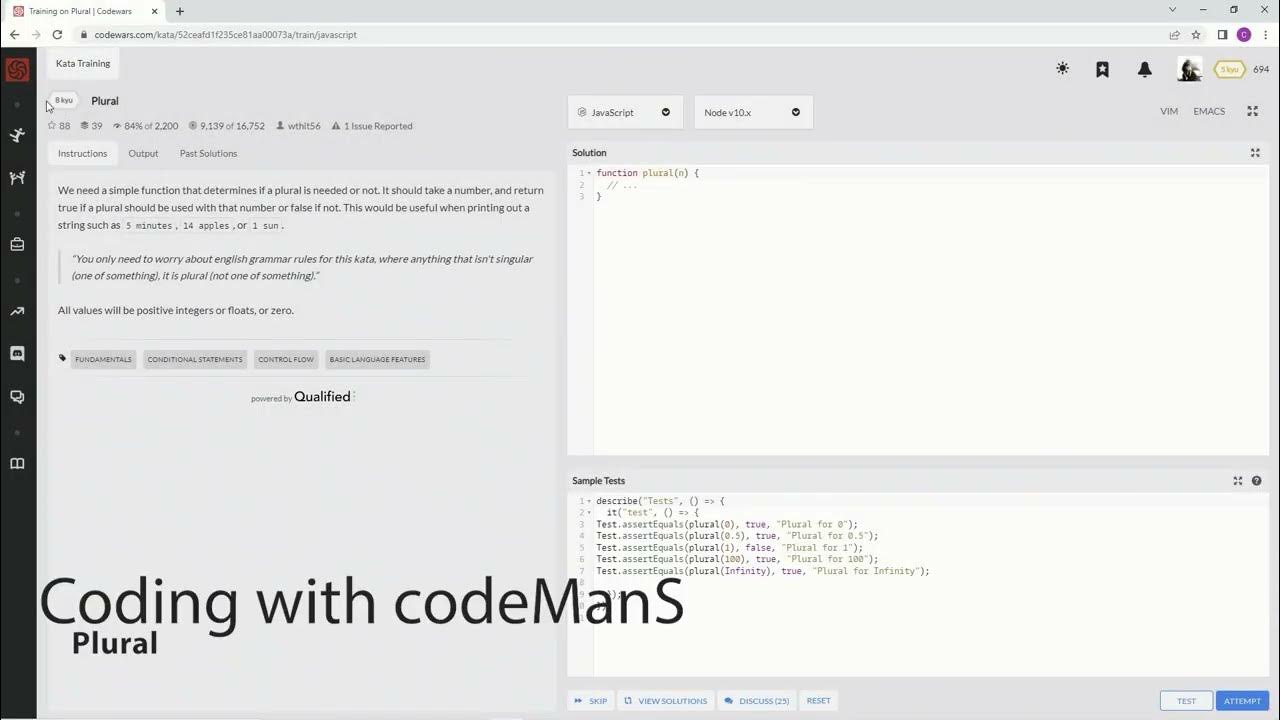 Codewars 8 kyu Plural JavaScript - YouTube