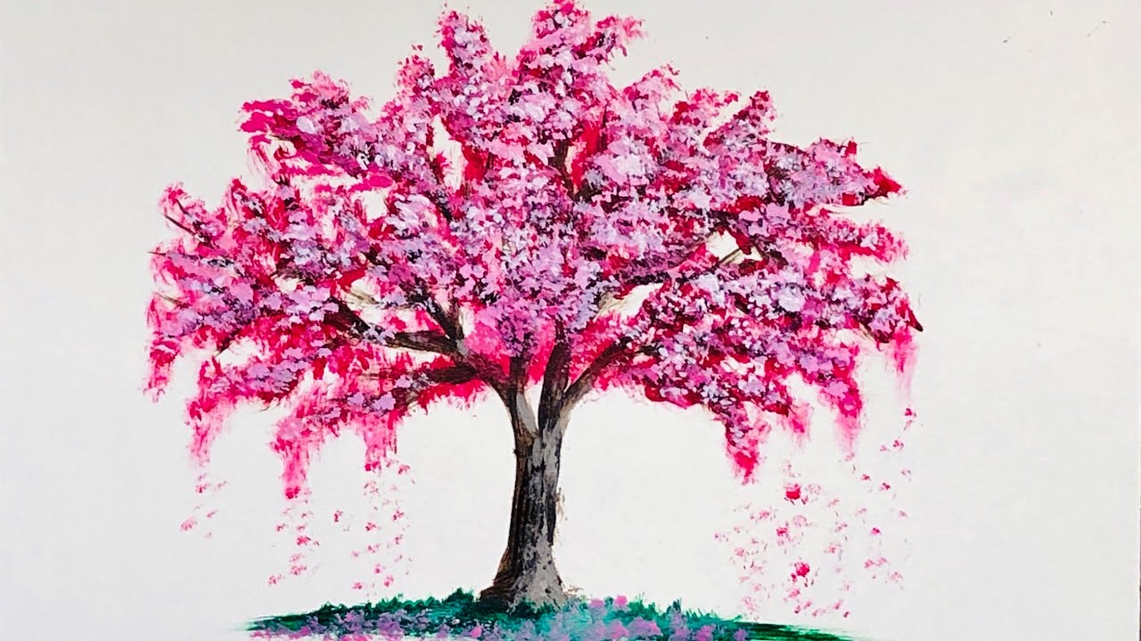 Beautiful pink tree painting with acrylics for beginners - YouTube