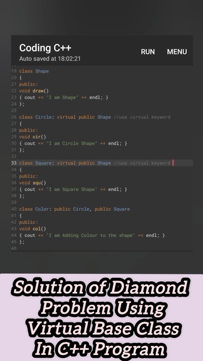 Solution of Diamond Problem using Virtual Base Class in C++ Program #diamond #problem #cpp - YouTube