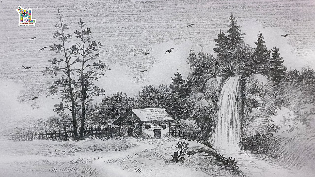 How to draw a beautiful house in forest near a waterfall || Drawing ...