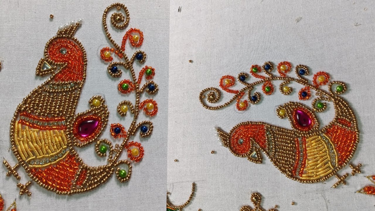 Aari work colour full peacock design making for beginners in Tamil ...