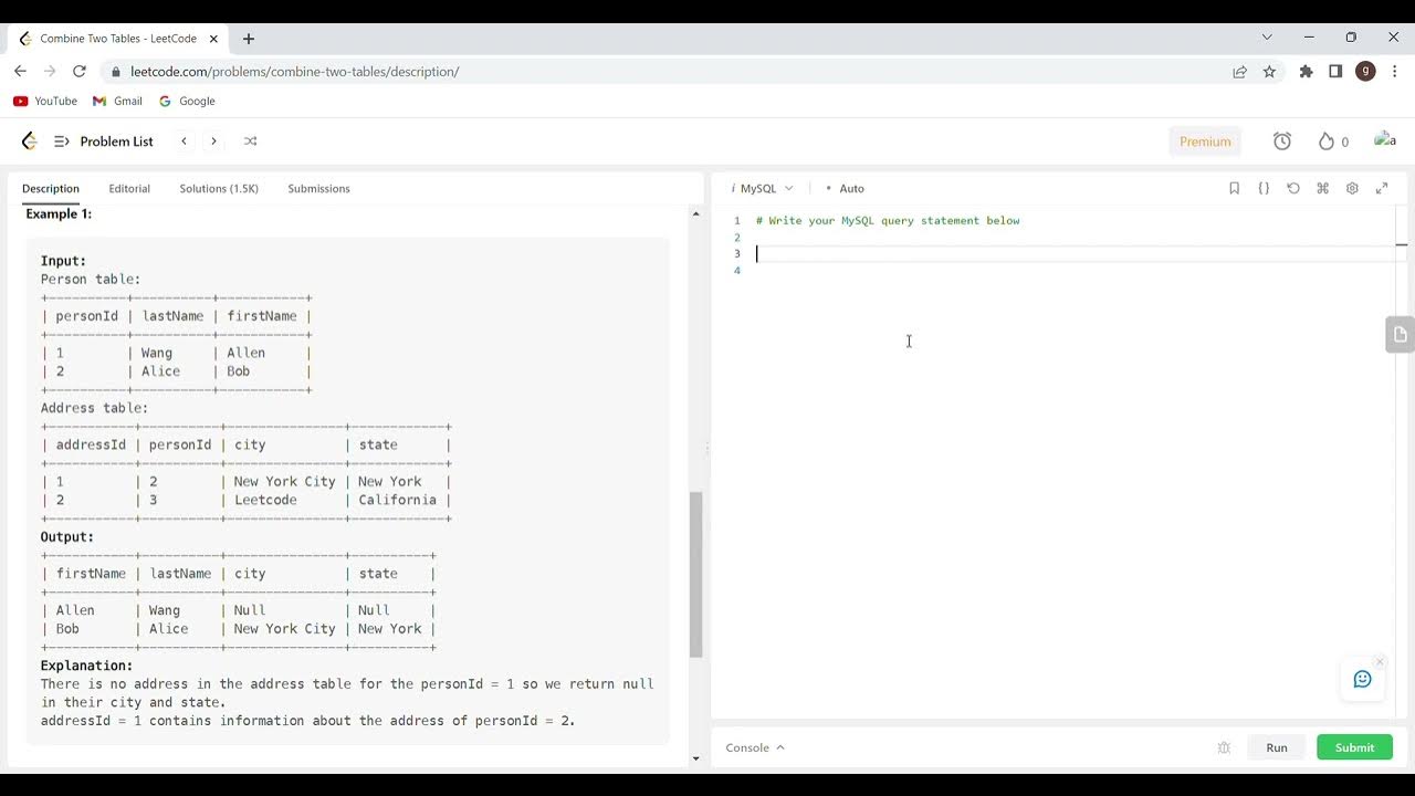 Combine Two Tables Leetcode 175 Youtube