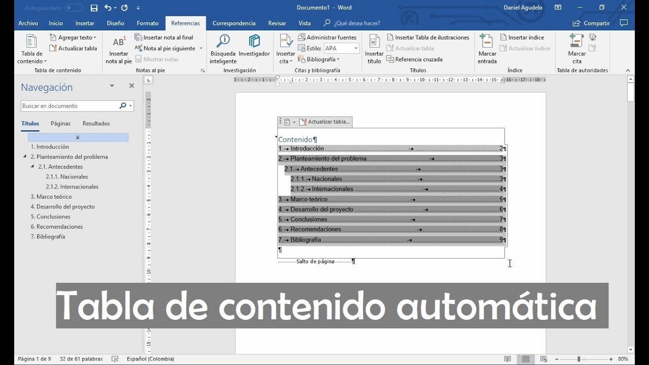 Tabla de contenido automática en Word Español - YouTube
