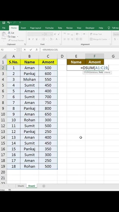 Dsum Formula Advance Level Formula In Excel 🔥🔥shorts Excel