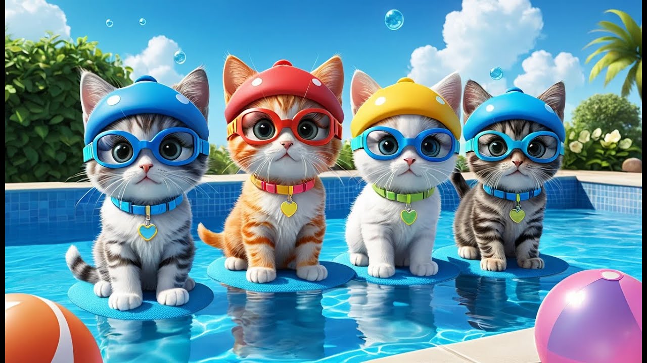 Six Silly Kittens Jumping in the Pool | Fun Splashy Cat Song for Kids ...