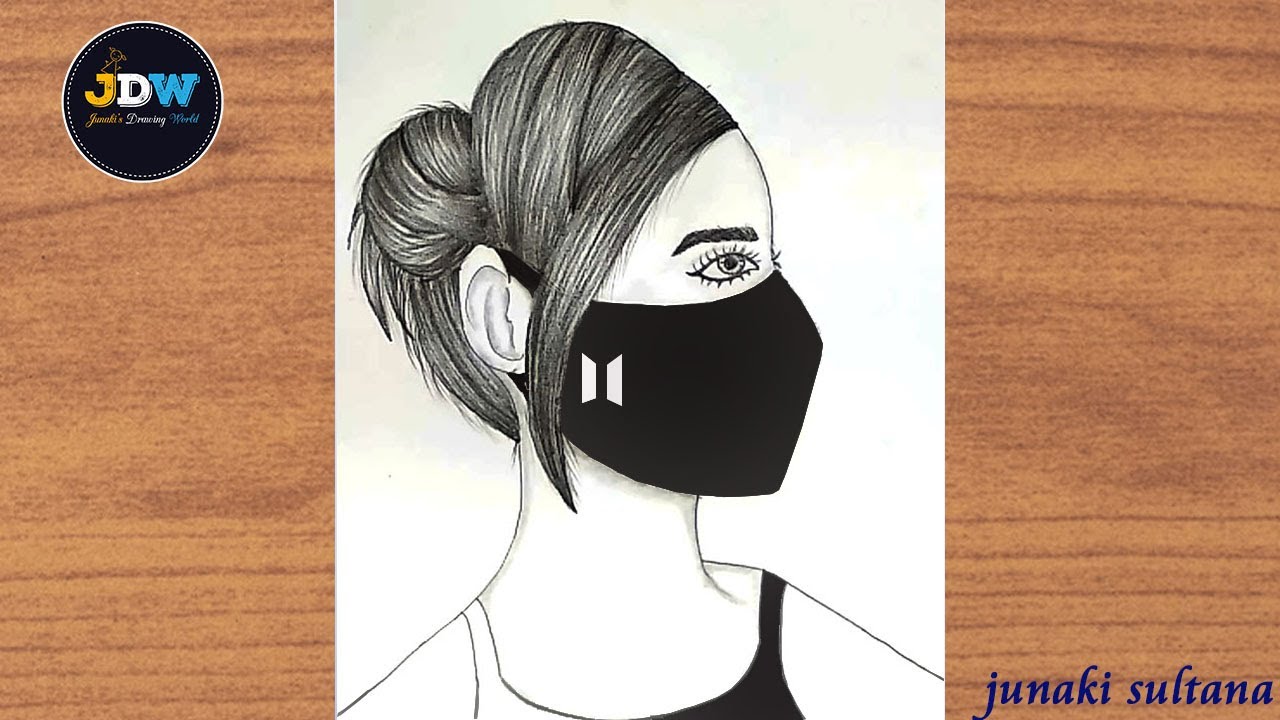 How to draw a Girl with Mask step by step || A Girl Face Drawing ...