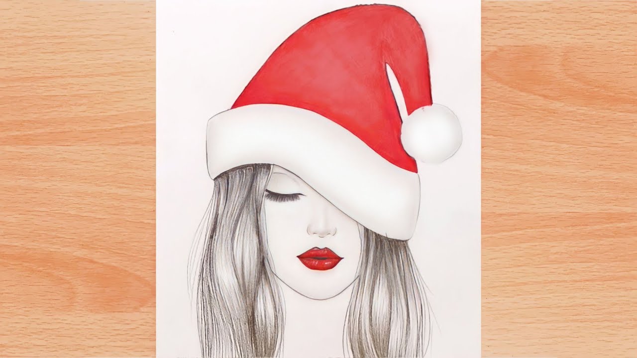 Christmas Drawing - A Girl with Santa Hat | How to draw a girl wearing ...