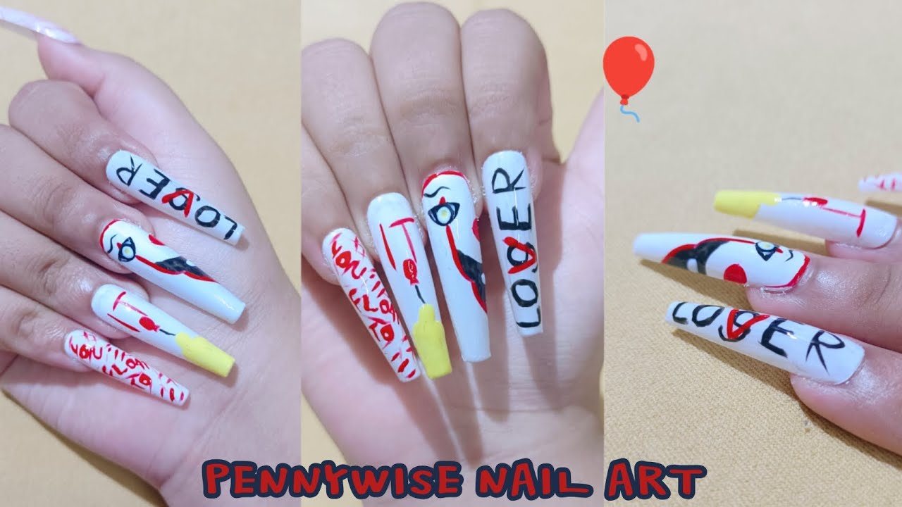 IT PENNYWISE NAILS! DIY Tutorial Hand Painted XXL Nails | HALLOWEEN ...