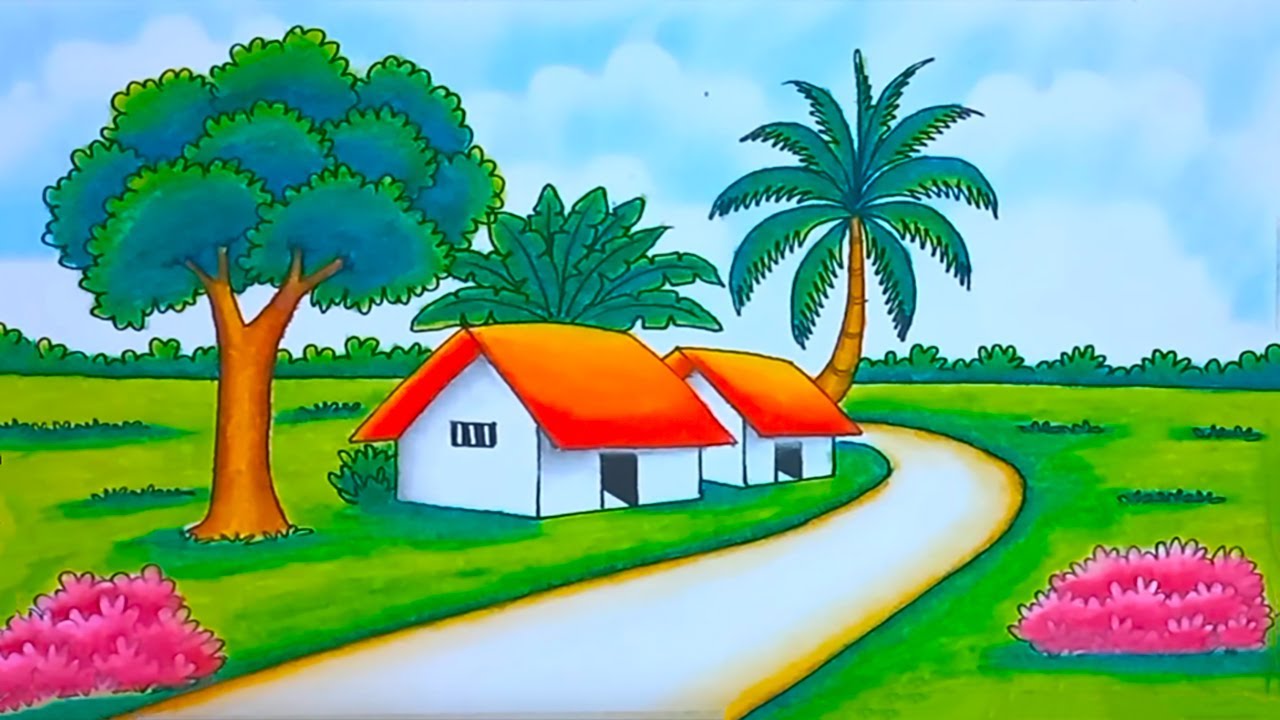 Easy & Colorful Countryside Scenery Drawing | Step-by-Step Tutorial for ...
